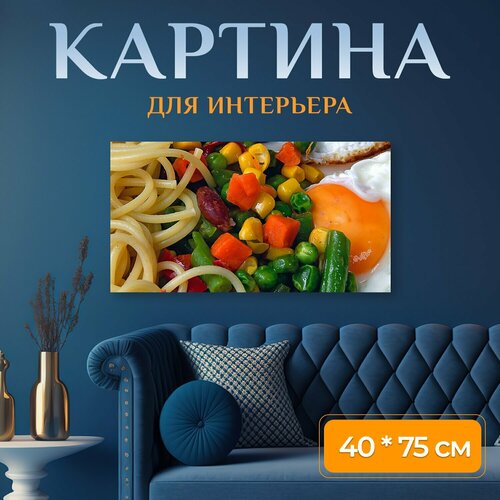 Картина на холсте "Спагетти, еда яйца, обед" на подрамнике 75х40 см. для интерьера