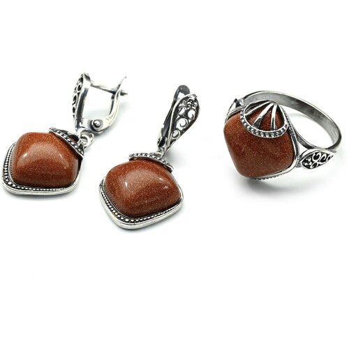 Комплект бижутерии: серьги, кольцо, авантюрин, размер кольца 17, коричневый