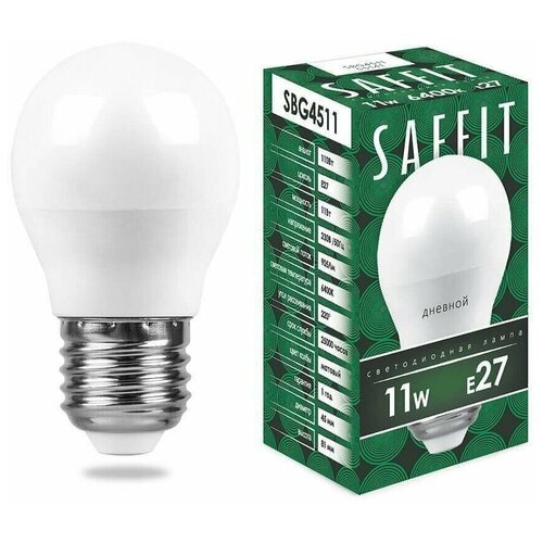 Лампа светодиодная LED 11вт Е27 дневной матовый шар (SBG4511) | код 55141 | SAFFIT (2шт. в упак.)