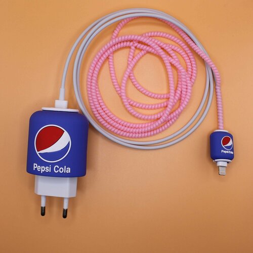 Комплект с обмоткой-спиралью для кабеля и защитный чехол для зарядки / защита кабеля от излома / Пепси Кола (розовый)
