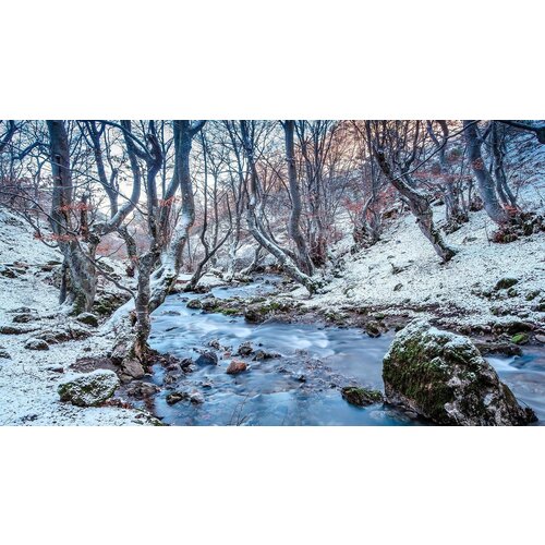 Картина на холсте 60x110 LinxOne "Осень зима река лес пейзаж" интерьерная для дома / на стену / на кухню / с подрамником