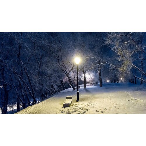 Картина на холсте 60x110 LinxOne "Зима вечер деревья парк фонарь" интерьерная для дома / на стену / на кухню / с подрамником