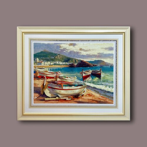 Картина в раме 40х50 "Средиземноморский пейзаж лодки на берегу"