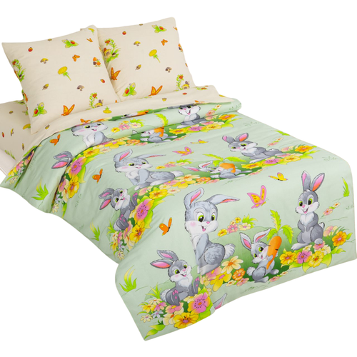 Детский комплект постельного белья АртПостель «Степашка» 1,5 спальный, Поплин, зайчики, зеленый