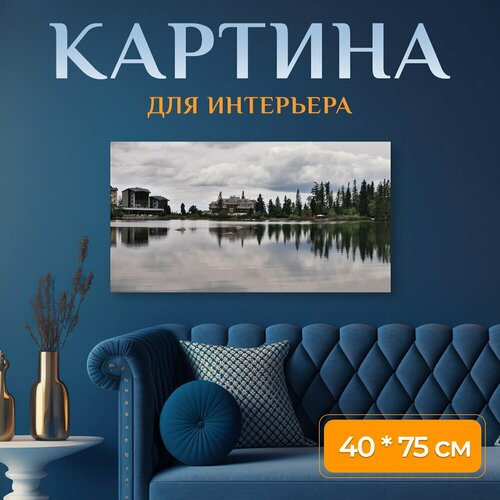 Картина на холсте "Горное озеро, отражение воды, высокие татры" на подрамнике 75х40 см. для интерьера