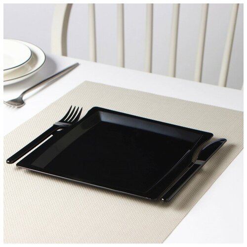 Комбо-тарелка одноразовая 3 в 1: тарелка, вилка, нож, квадратная, цвет чёрный(3 шт.)