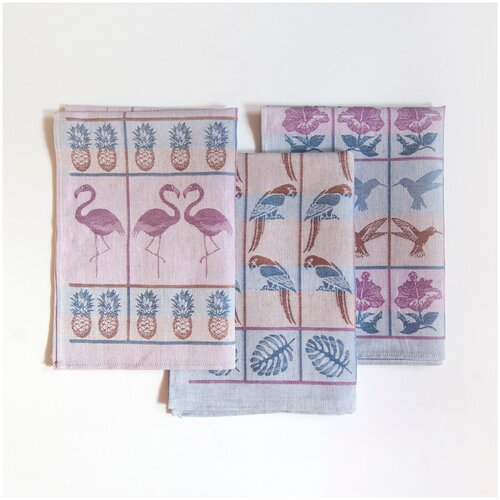 Льняные кухонные полотенца набор 3 шт 49 х 70, лен/хлопок, Сертификат OEKO-TEX ID: 365_Тропические птицы