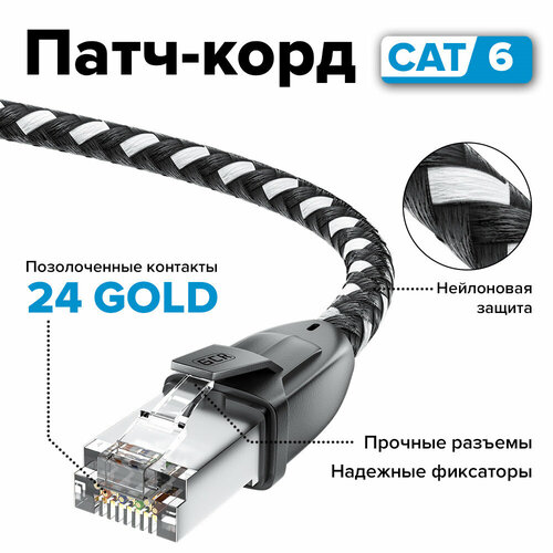 Короткий патч-корд кат.6 NEW GCR STRONG 50 см Lan кабель для интернета 10 Гбит/с нейлон RJ45 UTP черно-белый провод для интернета
