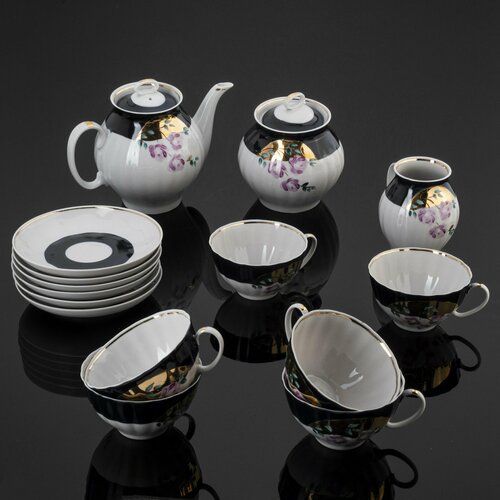 Сервиз чайный на 6 персон, форма "Белый лебедь", с цветочным узором (15 предметов)