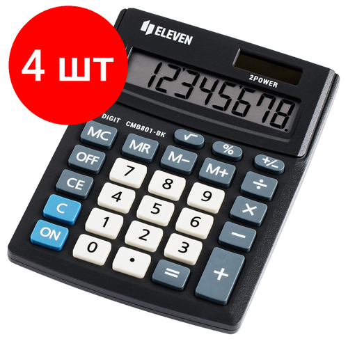Комплект 4 шт, Калькулятор настольный Eleven Business Line CMB801-BK, 8 разрядов, двойное питание, 102*137*31мм, черный