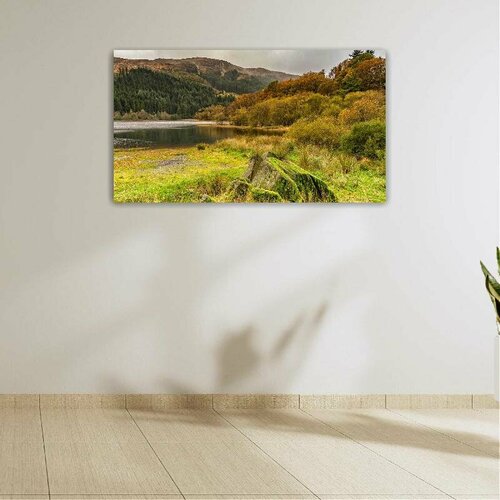 Картина на холсте 60x110 LinxOne "Loch Chon Камни мхом Осень" интерьерная для дома / на стену / на кухню / с подрамником