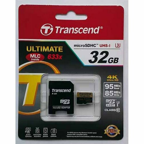 Micro SDHC карта памяти Transcend 32GB Class 10 UHS-I U3 633X 95/85 Mb (с адаптером SD)