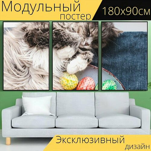 Модульный постер "Пасхальный кот, пушистый, серый кот" 180 x 90 см. для интерьера