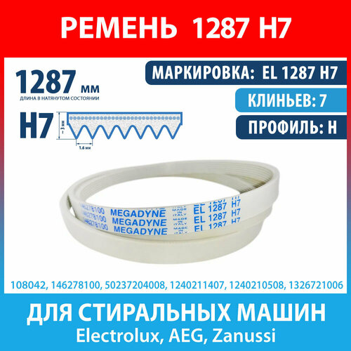Ремень EL 1287 H7 Megadyne для стиральных машин Electrolux, AEG, Zanussi (146278100, 50237204008, 1240211407, 1240210508, 1326721006, 1287H7)