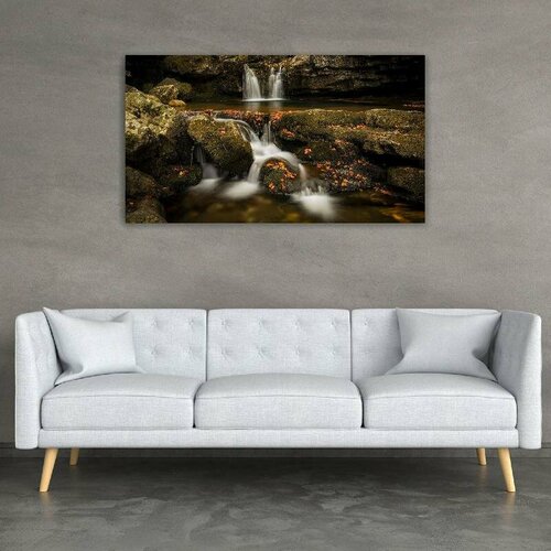 Картина на холсте 60x110 LinxOne "Листья камни водопад осень природа" интерьерная для дома / на стену / на кухню / с подрамником