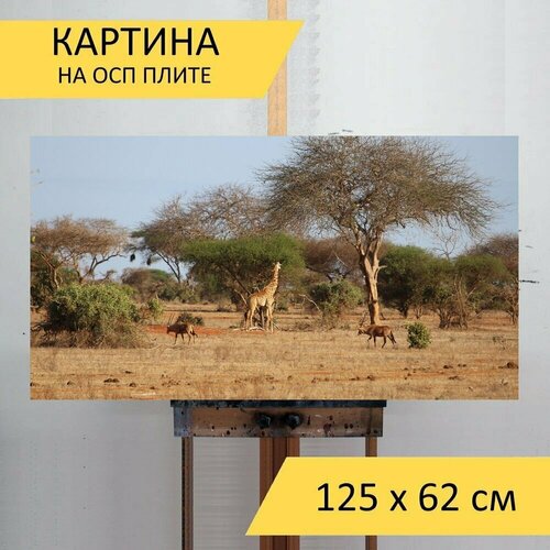 Картина на ОСП 125х62 см. "Жирафа, антилопа, африке" горизонтальная, для интерьера, с креплениями