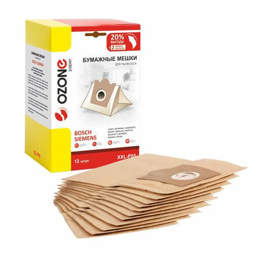 Мешки-пылесборники для пылесоса Ozone XXL-P05 бумажные, 12 шт в комплекте с 2мя микрофильтрами