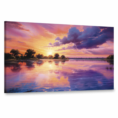 Интерьерная картина 100х60 "Пейзаж с закатом и отражением в воде"