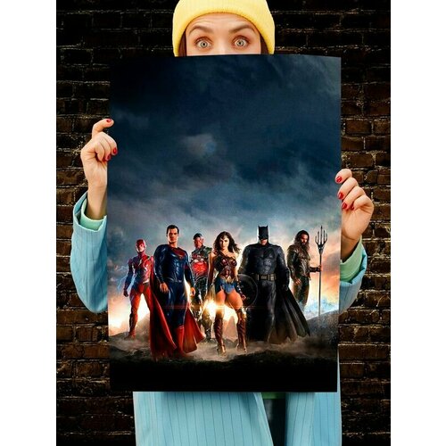 Постер интерьерный Лига справедливости 2, 70х46 см. Матовый яркий. Супергерои Бэтмен Чудо Женщина Аквамен Флеш