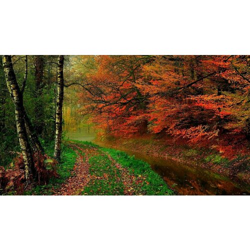 Картина на холсте 60x110 Альянс Лес "Hdr leaves river autumn" на подрамнике / интерьер/ декор