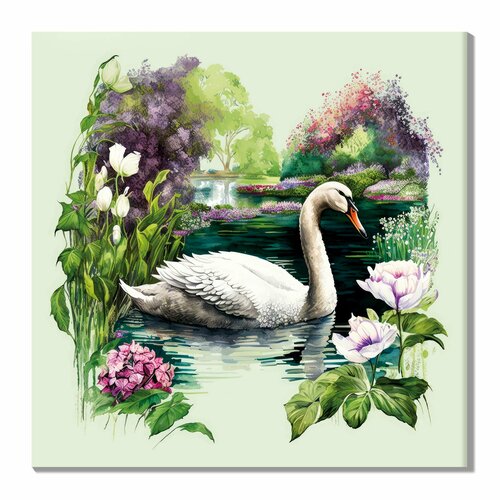 Картина интерьерная на холсте "Лебедь на озере " 60 х 60 см