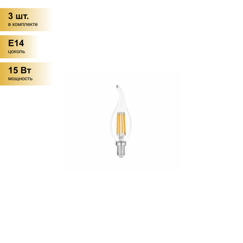 (3 шт.) Светодиодная лампочка General филамент свеча на ветру E14 15W 4К 35x98 (нитевидная), проз GLDEN-CWS-15-230-E14-4500 661426