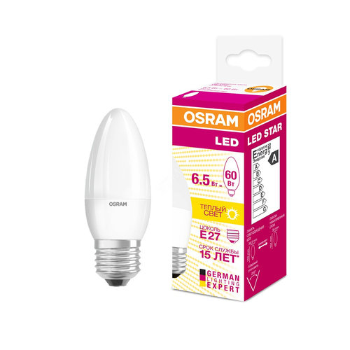 Лампа светодиодная Osram E27 6.5Вт теплый белый свет свеча