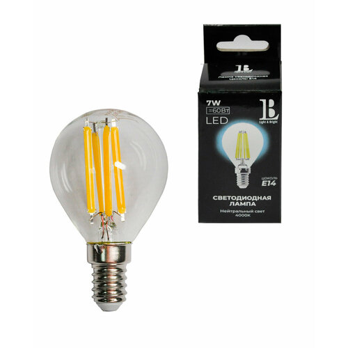 E14-7W-G45-4000K Лампа LED (шарик прозрачный Филамент) L&B