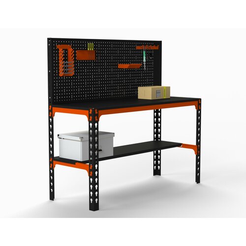 Стол металлический Metalex 750х1100х600 + перфопанель с комплектом аксессуаров (оранжево-чёрный)