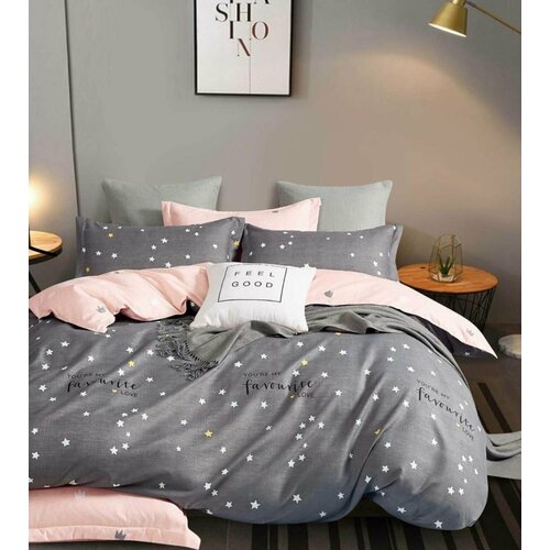 Комплект постельного белья Boris, Сатин, 1.5 спальный, Серый/розовый Звёзды ./ Комплект постельного белья