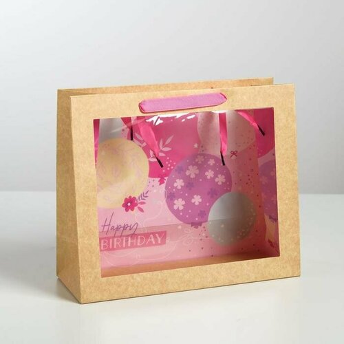 Пакет подарочный крафтовый с пластиковым окном, упаковка, «Happy Birthday», 31 х 26 х 11 см (комплект из 16 шт)