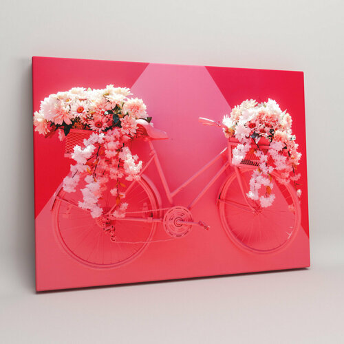 Картина на холсте (интерьерный постер) "Розовый велосипед с цветами" в скандинавском стиле, с деревянным подрамником, размер 40x30 см