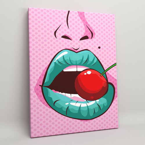 Картина на холсте (интерьерный постер) в стиле поп-арт "Губы - вишня" с деревянным подрамником, размер 30х40 см