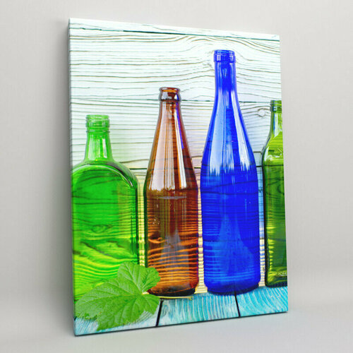 Картина на холсте (интерьерный постер) "Натюрморт - разноцветные бутылки", с деревянным подрамником, размер 30x40 см