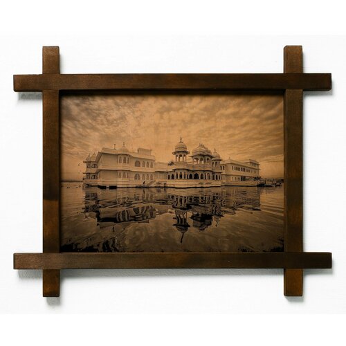 Картина Озёрный дворец, Индия, гравировка на натуральной коже, интерьерная для украшения и декора на стену в деревянной раме, подарок, BoomGift