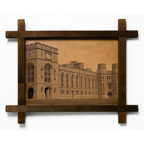 Картина Виндзорский замок, Англия, гравировка на натуральной коже, интерьерная для украшения и декора на стену в деревянной раме, подарок, BoomGift