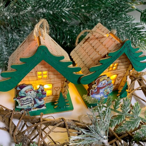 Светящийся домик на елку, игрушка подвесная , 2 шт, новогоднее украшение
