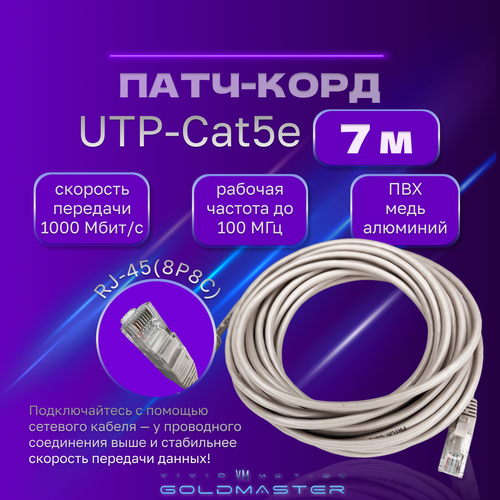 Патч-корд 7 м Голд Мастер UTP 5е RJ45 интернет кабель 7 метров LAN сетевой Ethernet патчкорд серый (NA102--7M), контакты blade с позолотой 03FU