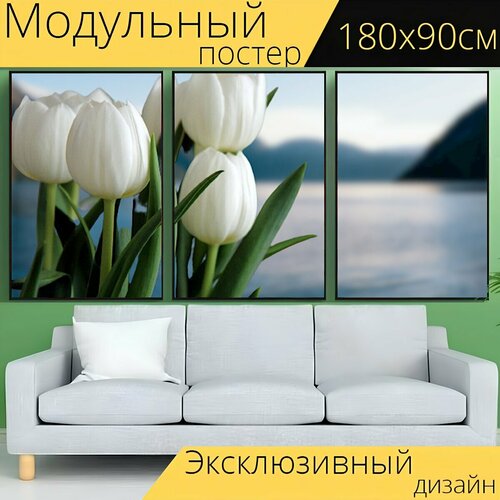 Модульный постер "Тюльпаны, цветок, море" 180 x 90 см. для интерьера