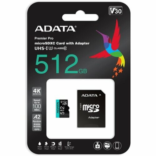 Карта памяти Adata microSDXC 512Gb Premier Pro UHS-I U3 V30 A2 + ADP (100/80 Mb/s)