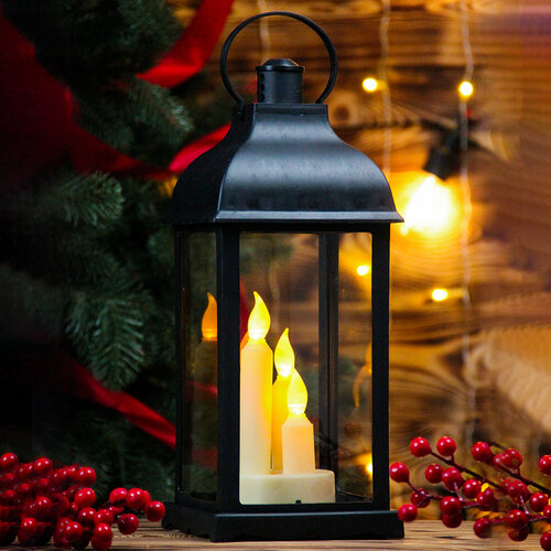 Светильник новогодний декоративный "Фонарь со свечками" 35см, светящийся, USB, черный