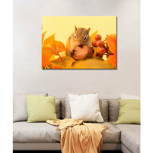 Картина - Бурундук, бурундучок, полосатый бурундук с орехом, бурундук и осень (55) 50х70