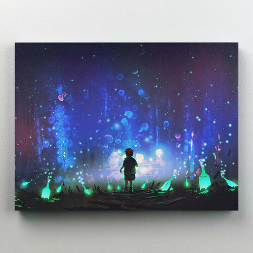 Интерьерная картина на холсте "Маленький ребенок в зачарованном, светящимся лесу" размер 40x30 см
