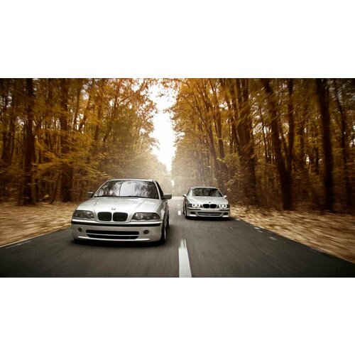 Картина на холсте 60x110 Альянс Лес "Скорость дорога E39 BMW фары" на подрамнике / интерьер/ декор