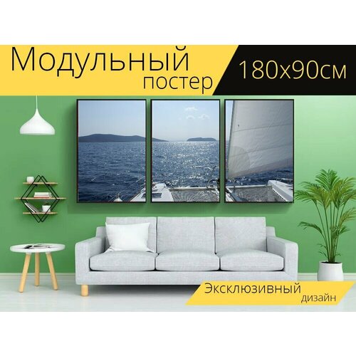 Модульный постер "Греция, парусная яхта, катамаран" 180 x 90 см. для интерьера