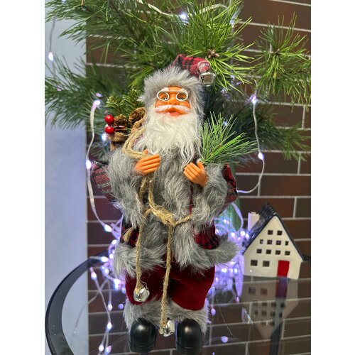 Новогодняя фигурка "Санта Клаус" под елку с добрым лицом, красно-серый