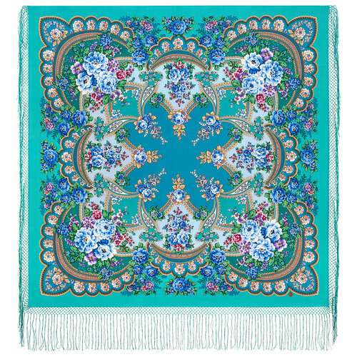 Платок Павловопосадская платочная мануфактура,148х148 см, бирюзовый, синий