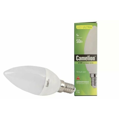 LED лампа свеча диммируемая 5Вт Е14 3000К(теплый свет) - LED5-C35-D/830/E14 (Camelion) (код 1169)