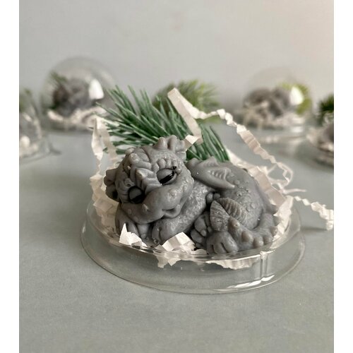 Мыло мини дракон в куполе серый / подарок на Новый год