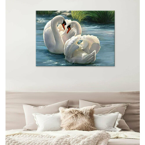 Картина на холсте для интерьера на стену - Влюбленные лебеди вместе навсегда, пара лебедей 50х70